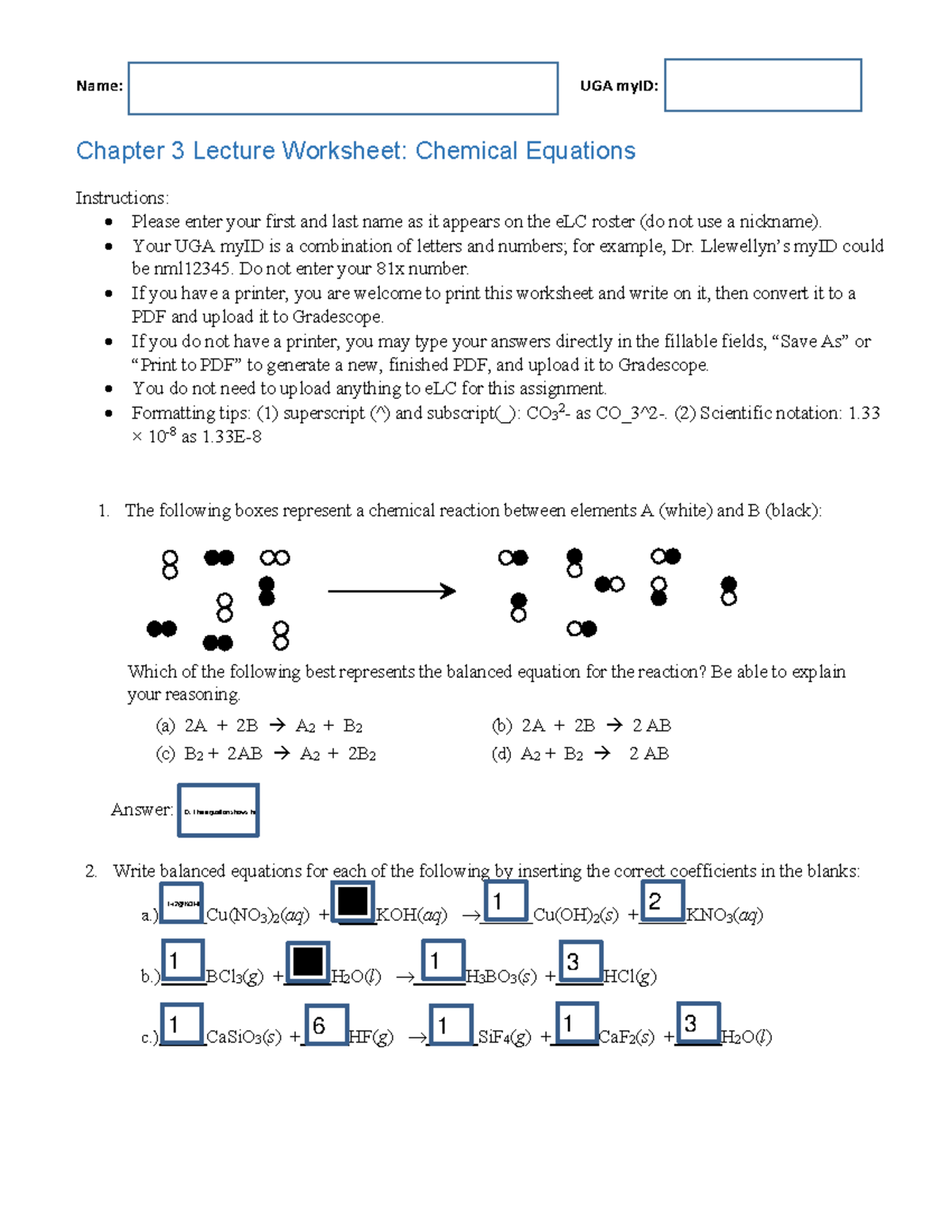 Chapter 3 Lecture Worksheets: Chem Equations - Name: UGA myID: Chapter ...