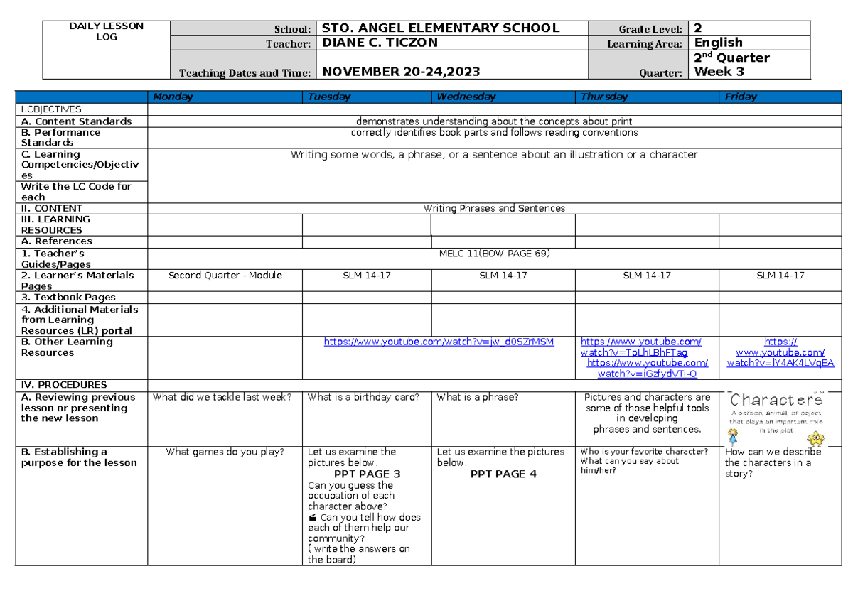 MELC 2nd Quarter English Lesson Plan for Week 3 Activities - Studocu