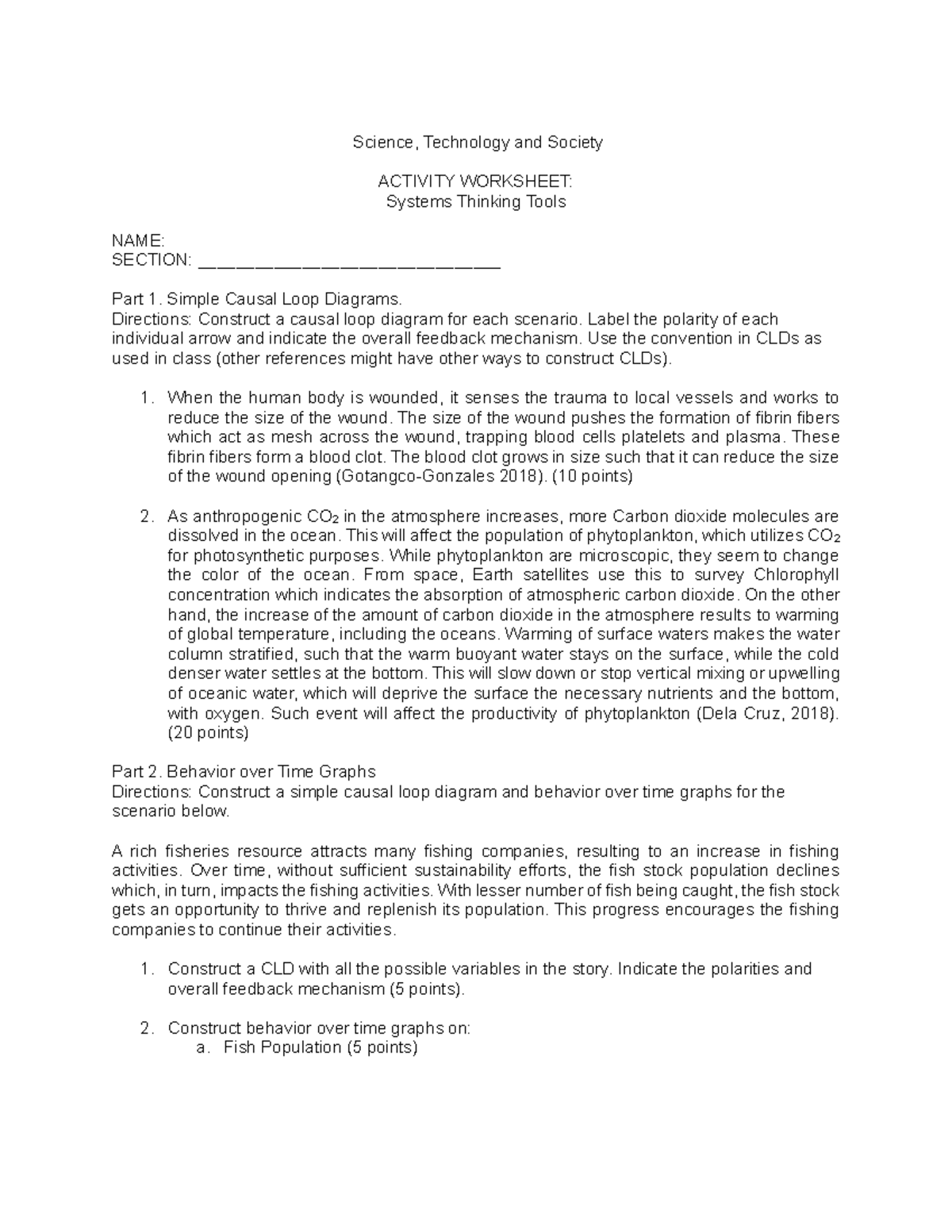 Science, Technology and Society Activity Worksheet: Causal Loop ...
