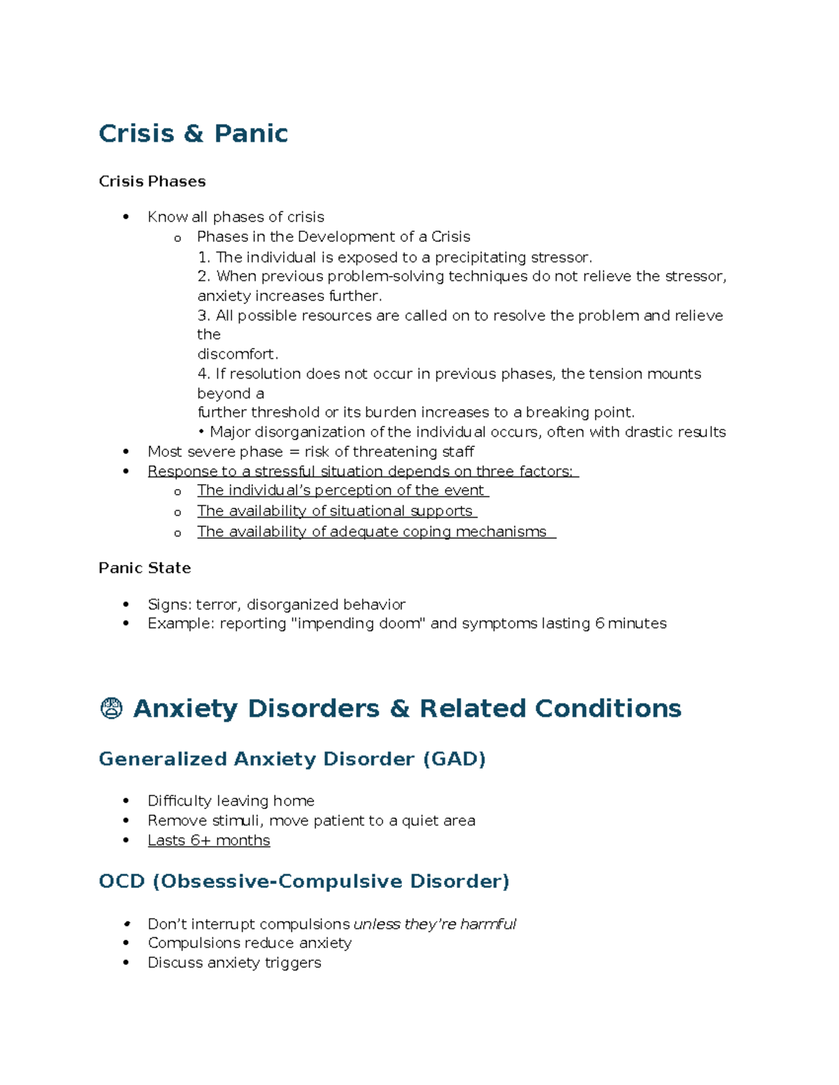 Mental Health Exam 2 Study Guide: Crisis Phases & Anxiety Disorders ...