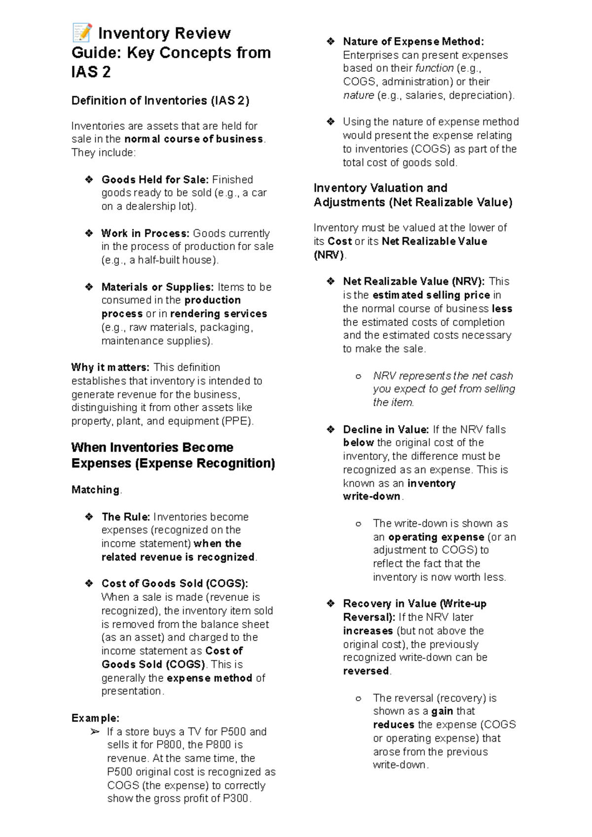 Inventory Audit Notes: Key Concepts from IAS 2 (Inv Finals-AP) - Studocu