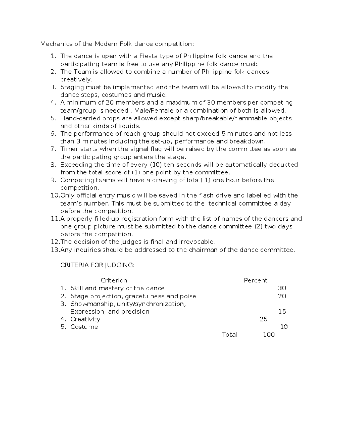 Modern Folk Dance Competition: Mechanics & Judging Criteria - Studocu