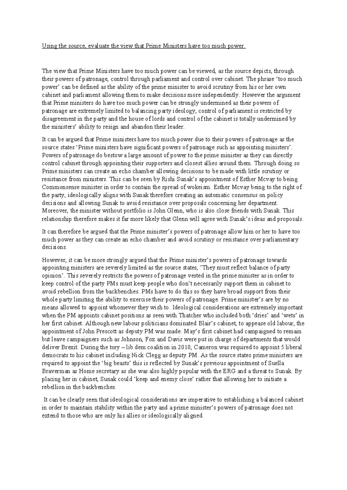 PM Power Essay: Evaluating the Balance of Authority in Leadership - Studocu