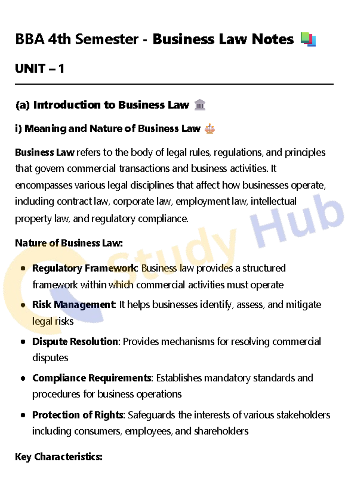 BBA 4th Sem Business Law Notes: Unit 1 Overview & Key Concepts - Studocu