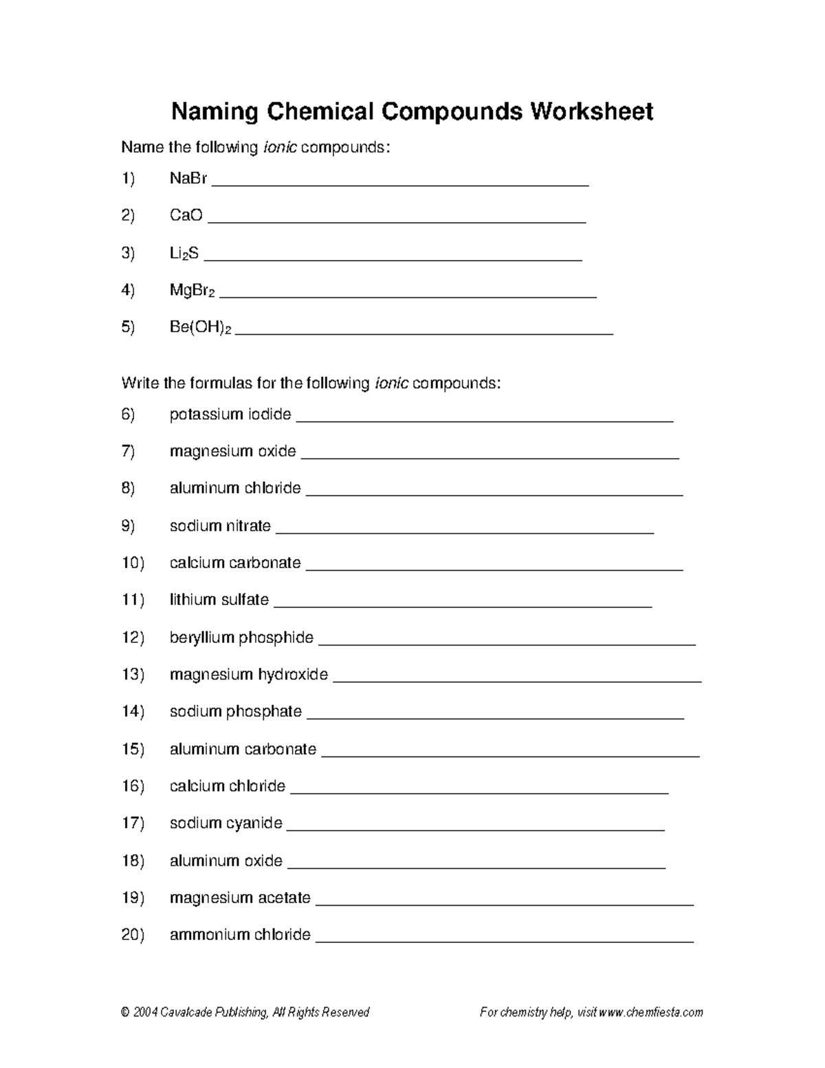 Writing Names and Formulas WS 1 - Naming Chemical Compounds Worksheet ...