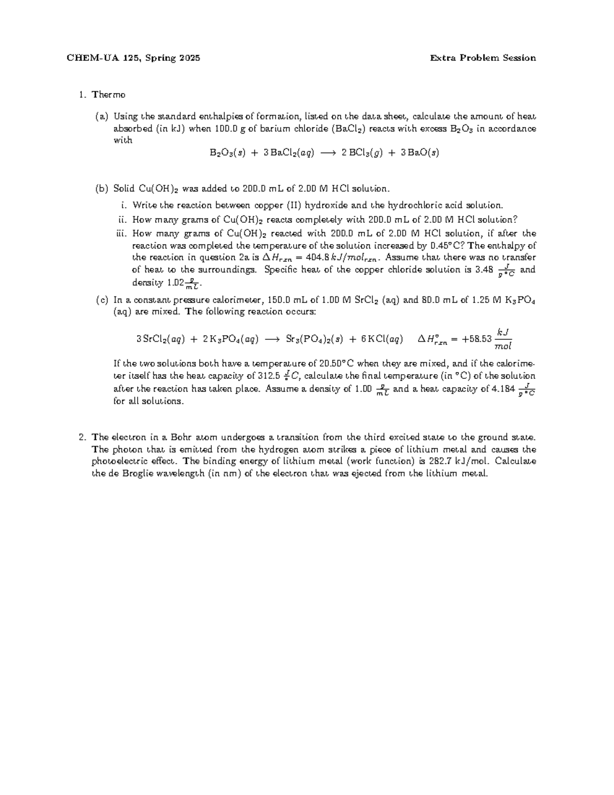 125, Spring 2025 Extra Problem Session 1: Thermodynamics & Reactions - Studocu