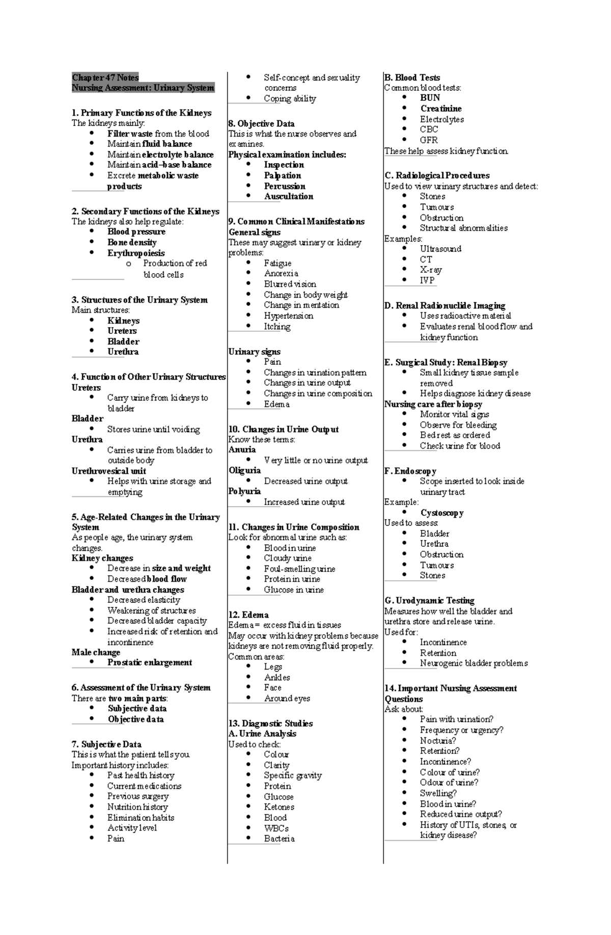Urinary System Assessment Notes (Nursing Ch 47) - Studocu
