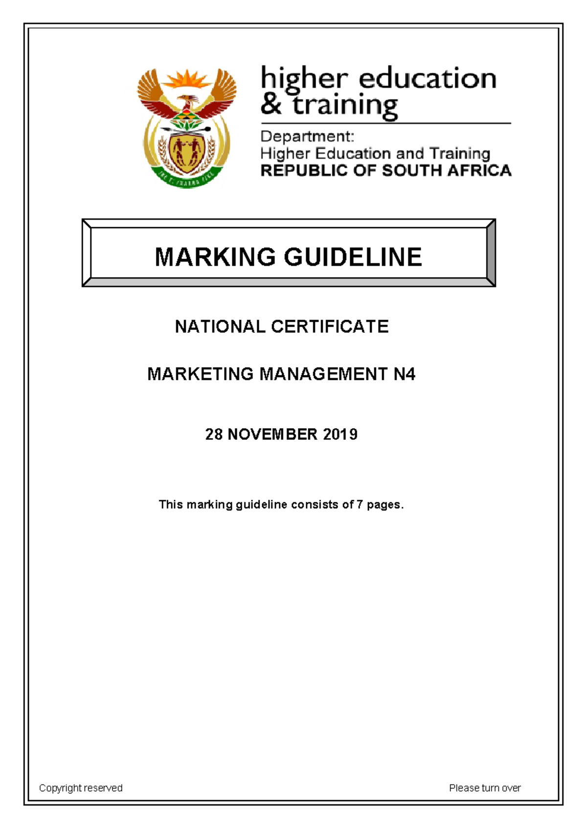 N4 Marketing Management November 2019 Marking Guidelines Document - Studocu