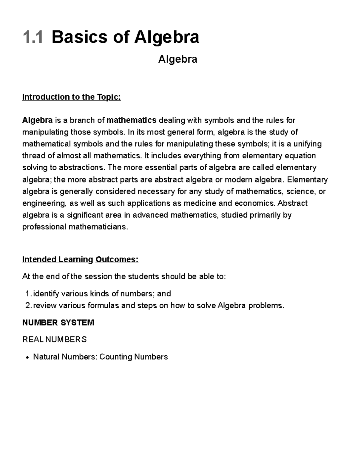 Lesson 1: Introduction to Algebra - Integration Course 1 for CE - Studocu