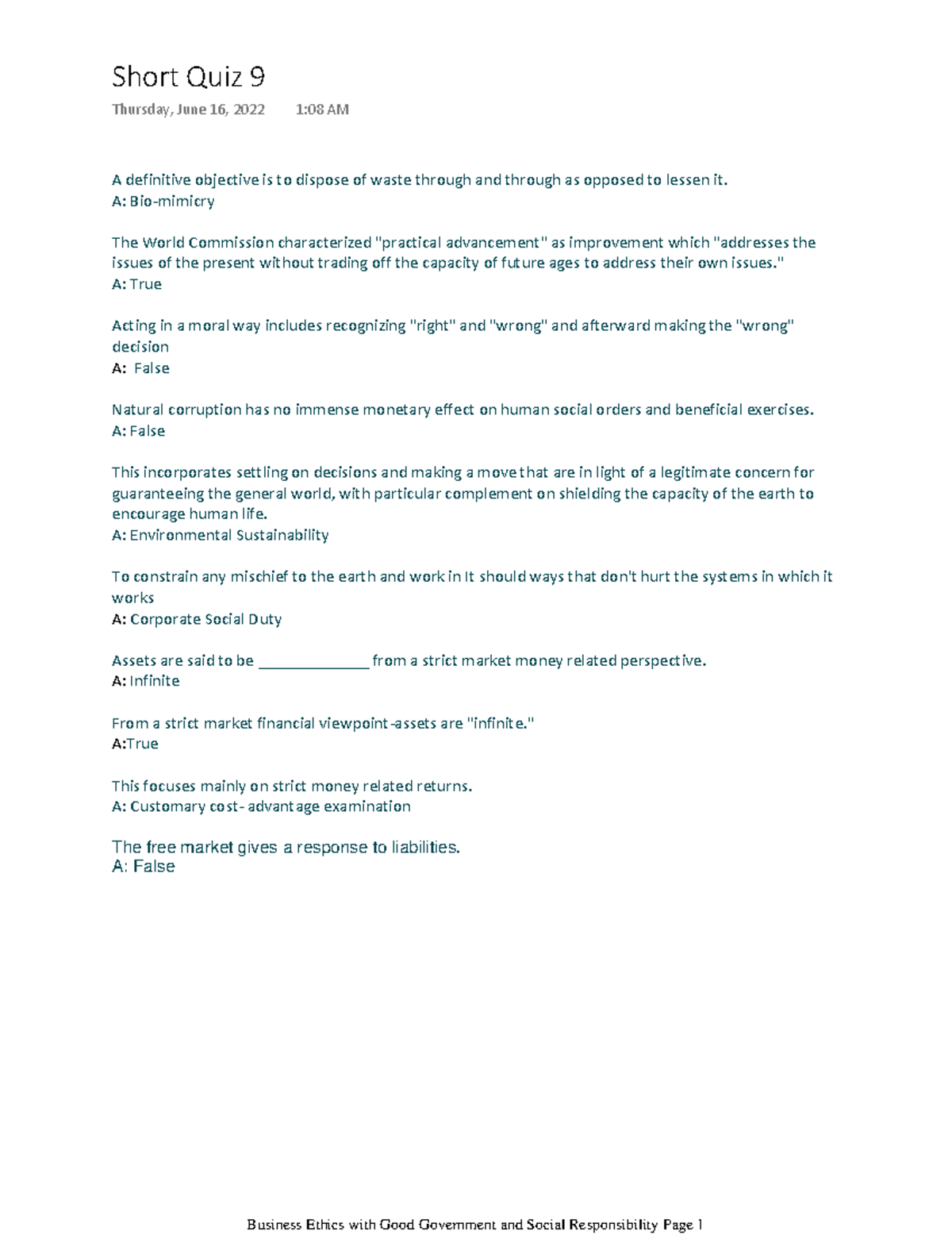Business Ethics Quiz 9: Key Concepts and Definitions - Studocu