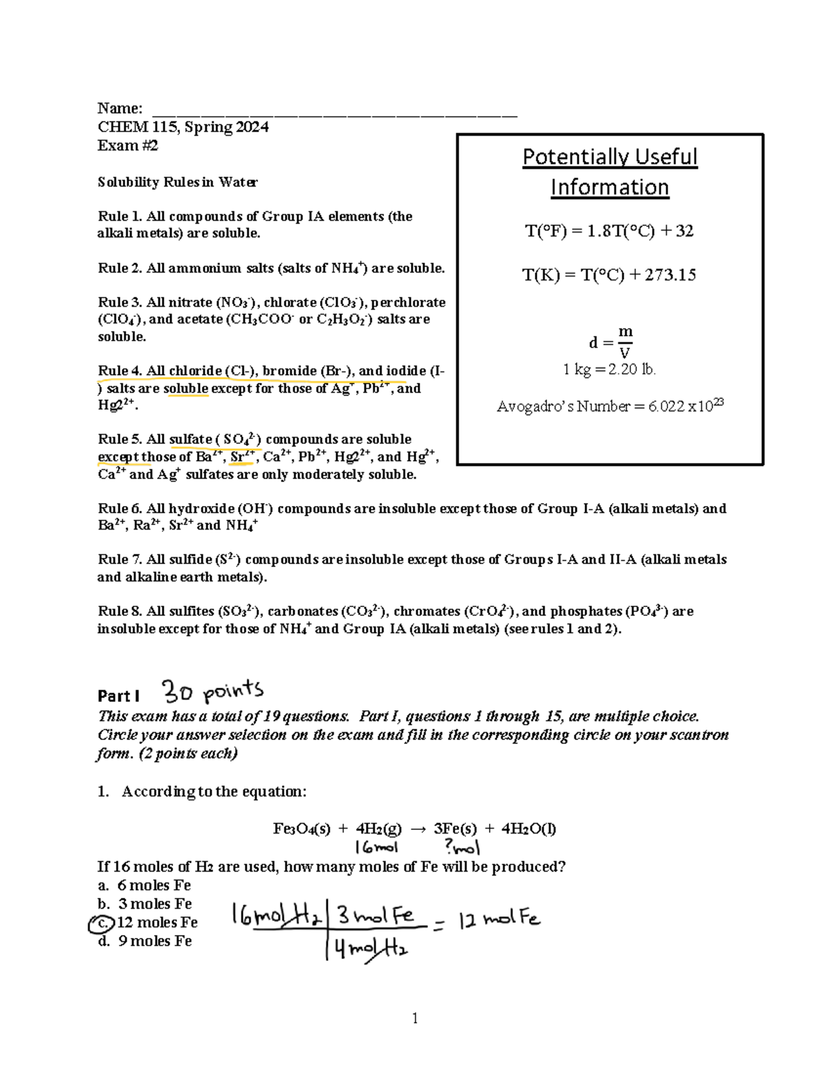 Exam 2 Review: Solubility Rules & Chemical Reactions (CHEM 115, SP24 ...