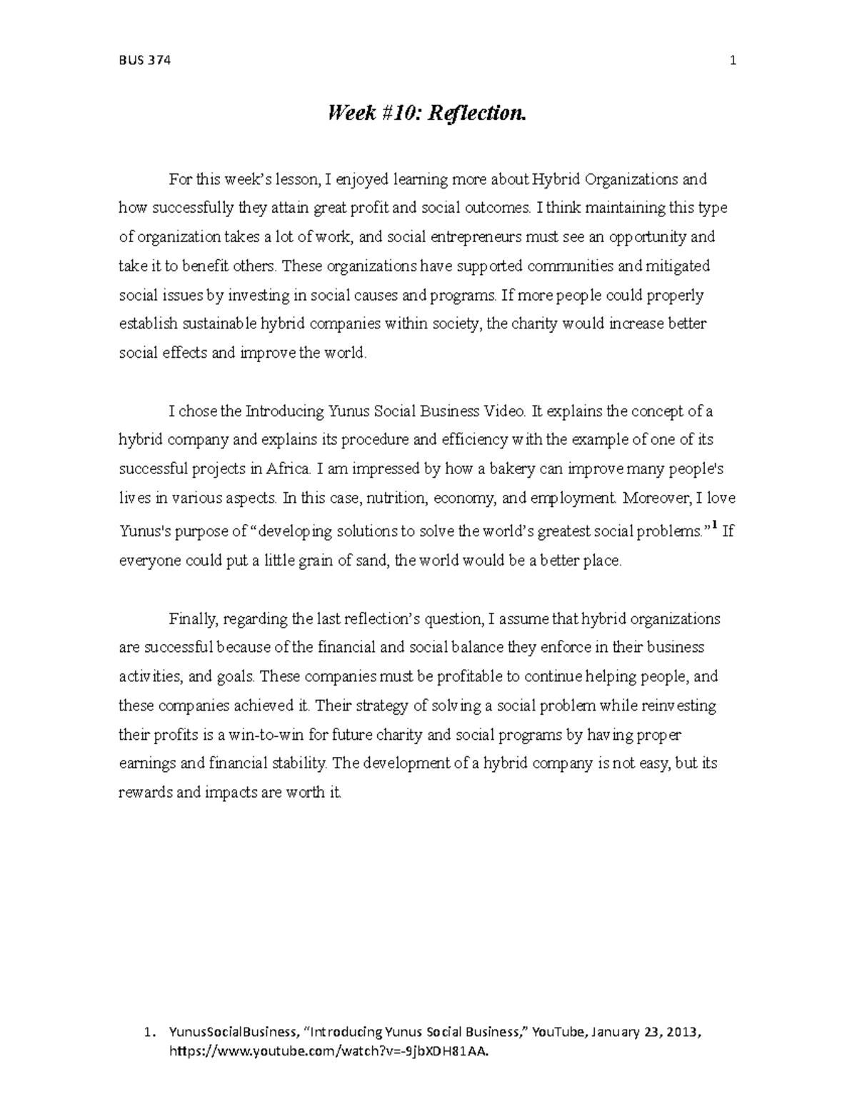 Reflection Week.10 - BUS 374 1 Week #10: Reflection. For this week’s ...