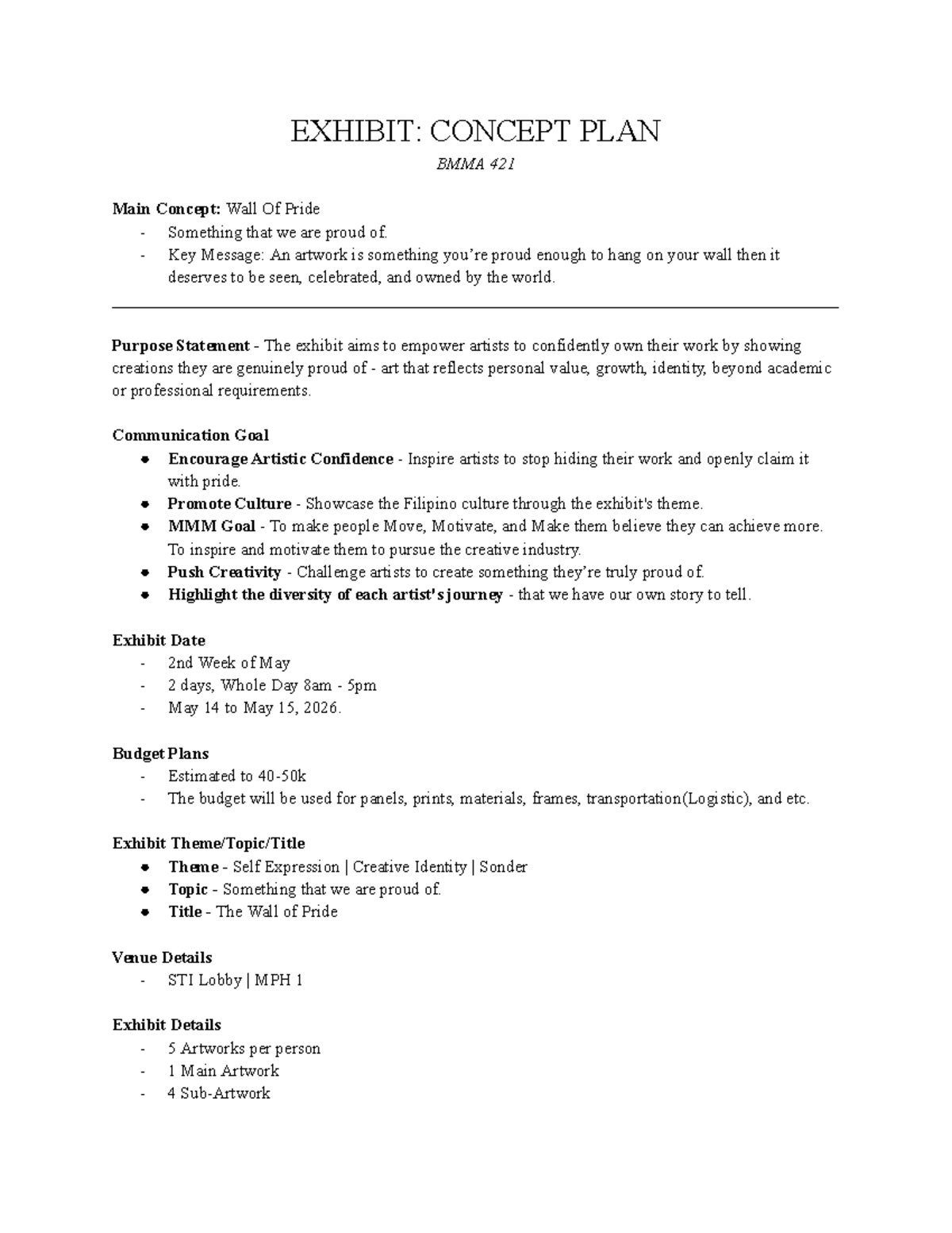 BMMA 421: Exhibit Concept Plan - Wall of Pride Showcase - Studocu