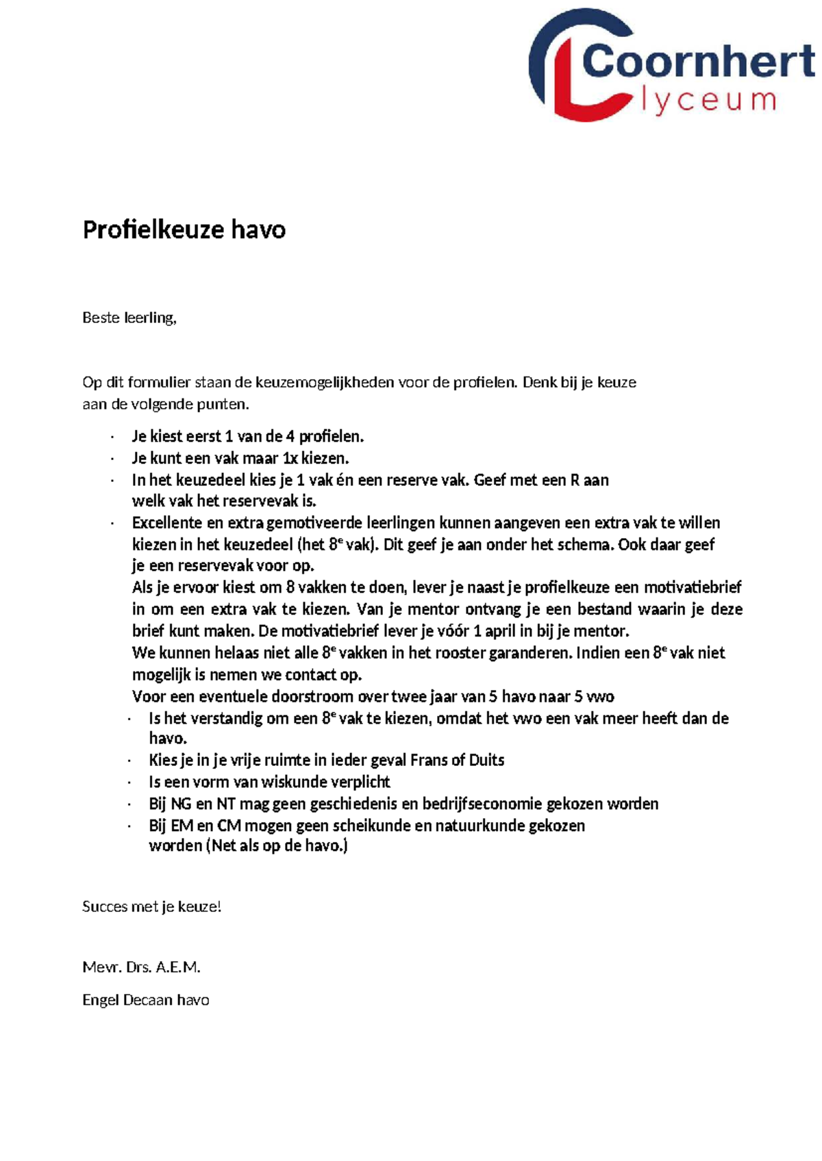 Profielkeuzeformulier Havo 1: Keuzemogelijkheden en Instructies ...