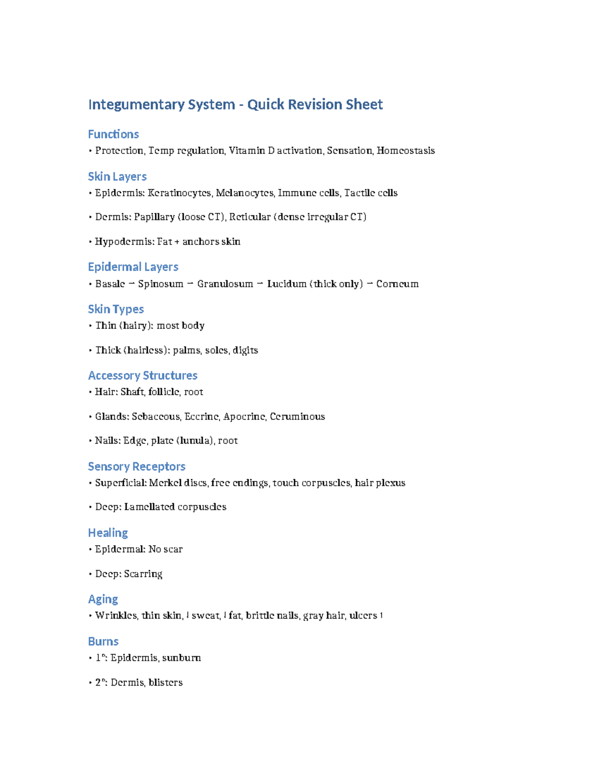 Integumentary System Quick Revision Sheet for ANAT101 - Studocu