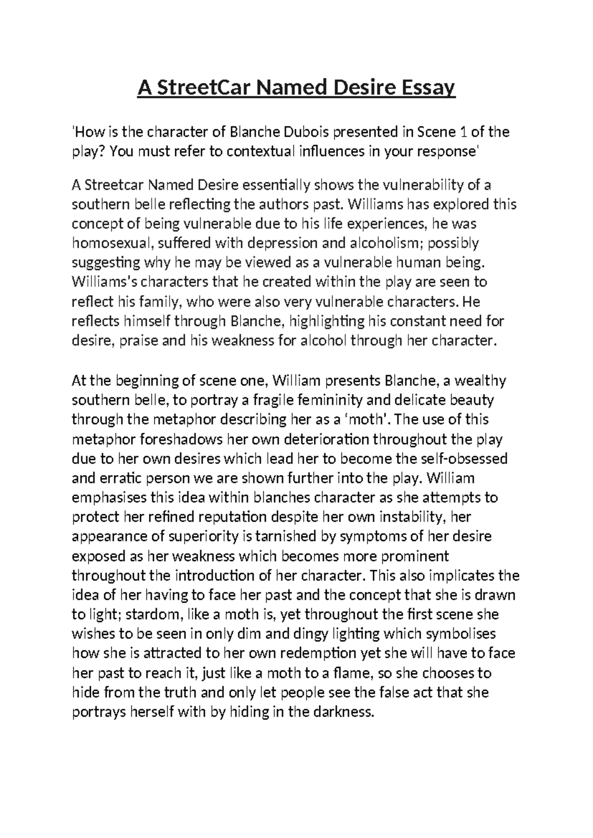 A Streetcar Named Desire Essay: Analyzing Blanche in Scene 1 - Studocu