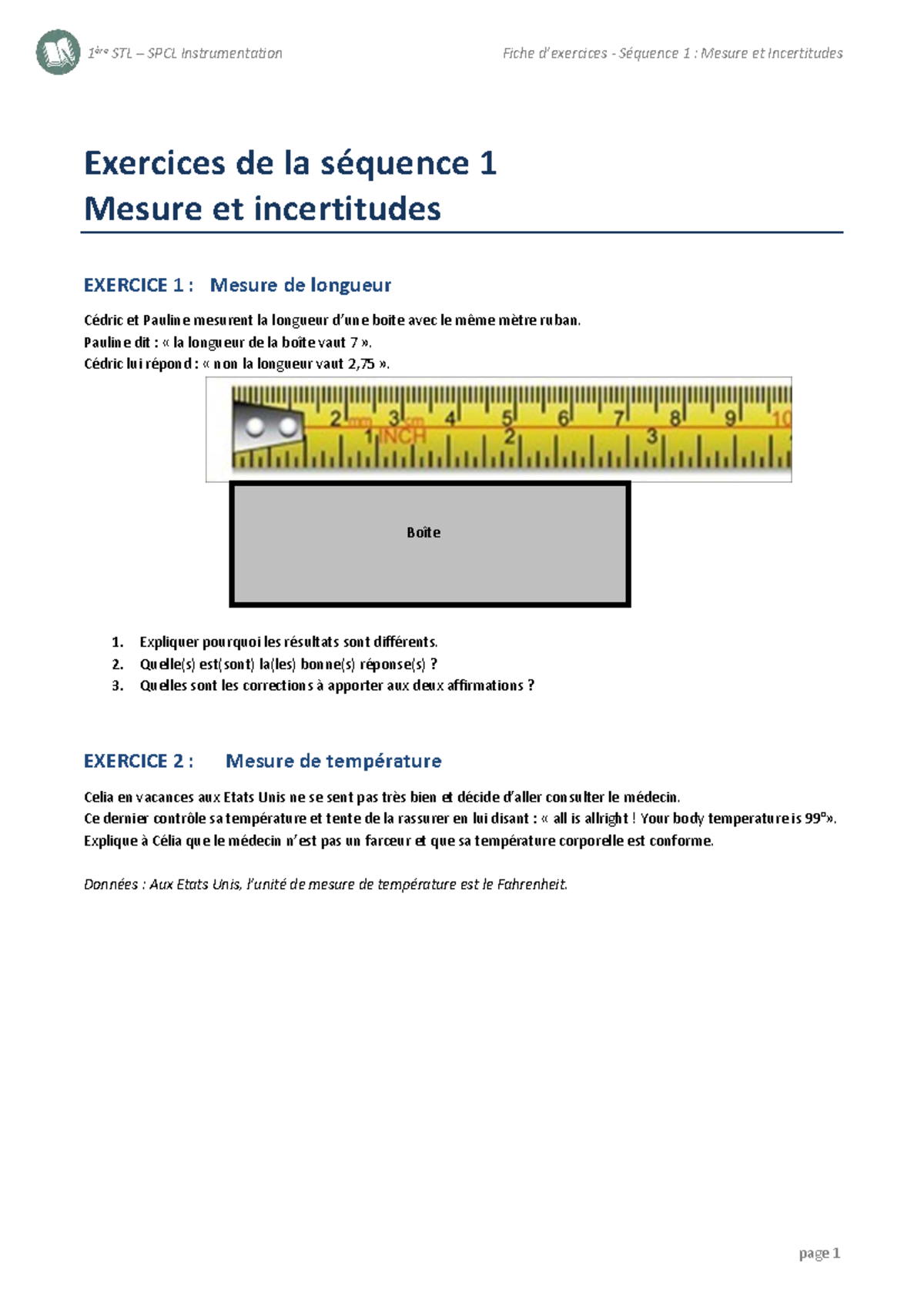 1ère STL SPCL Instrumentation - Séquence 1 : Mesure et Incertitudes ...