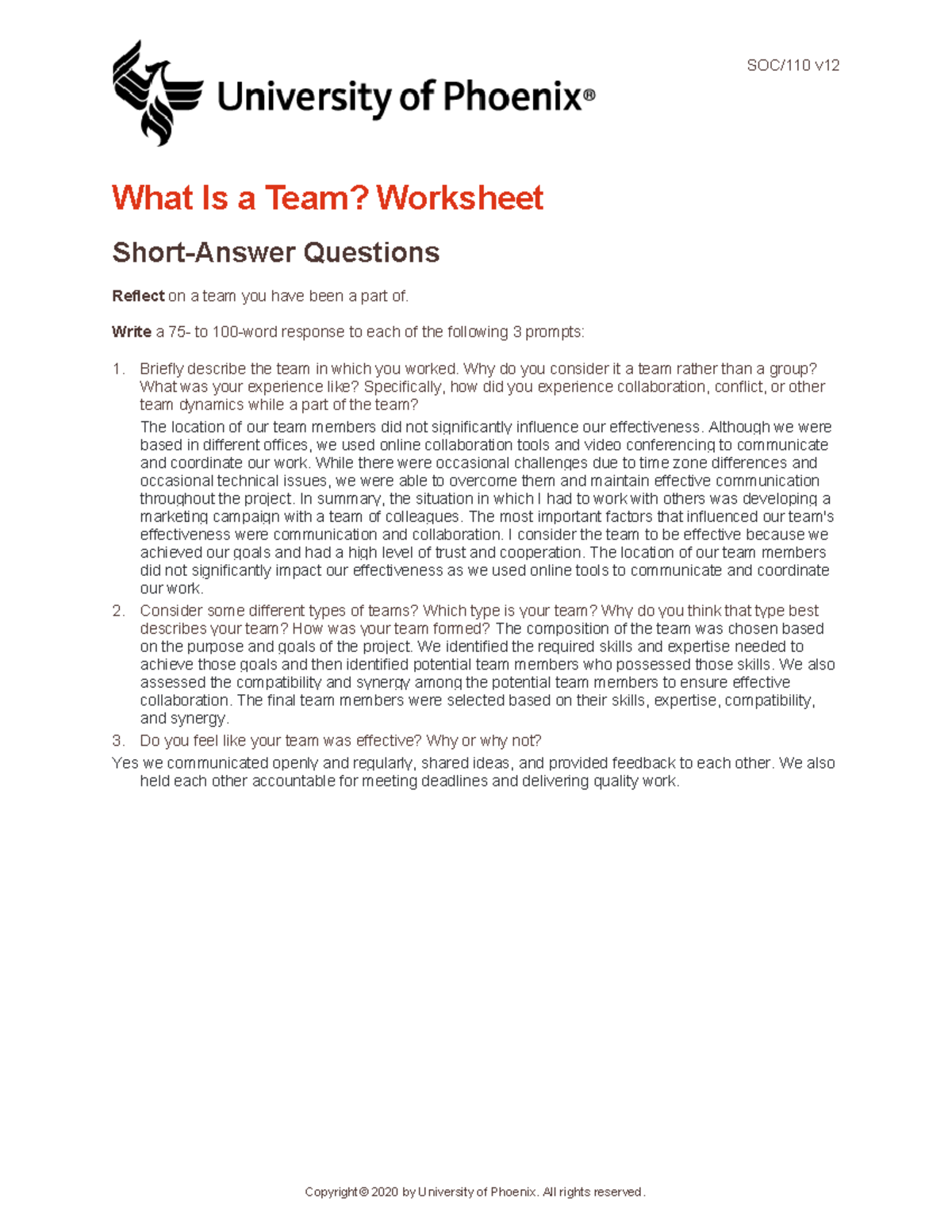SOC/110 v12 Wk1 Team Dynamics and Effectiveness Worksheet - Studocu