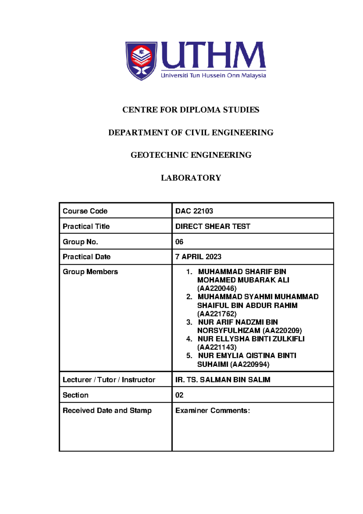 DAC 22103 Direct Shear Test Lab Report for Geotechnical Engineering ...
