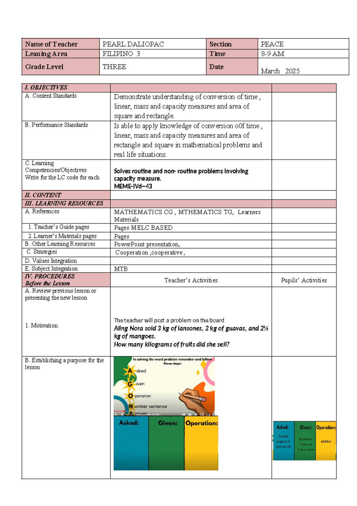 Format lesson plan-march-13-2025-mathematics - Name of Teacher PEARL ...