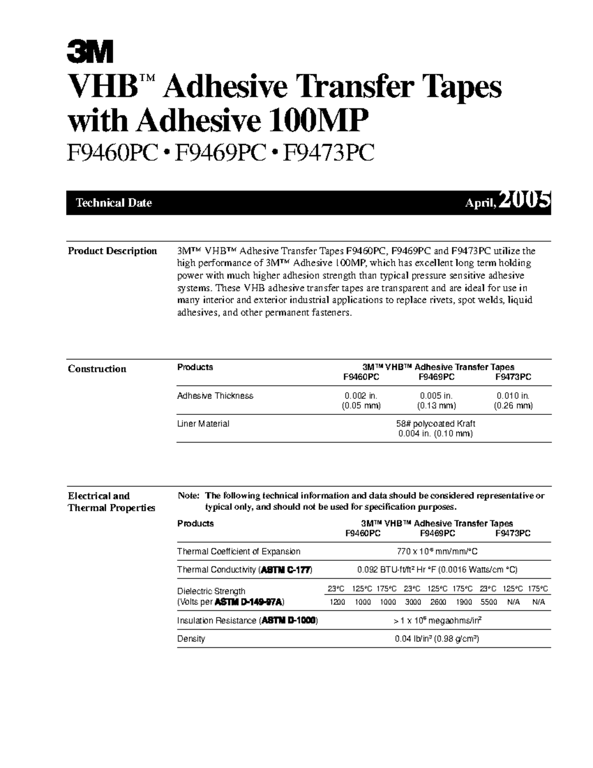 3M VHB Adhesive Transfer Tapes F9460PC, F9469PC, F9473PC Data 2005 ...