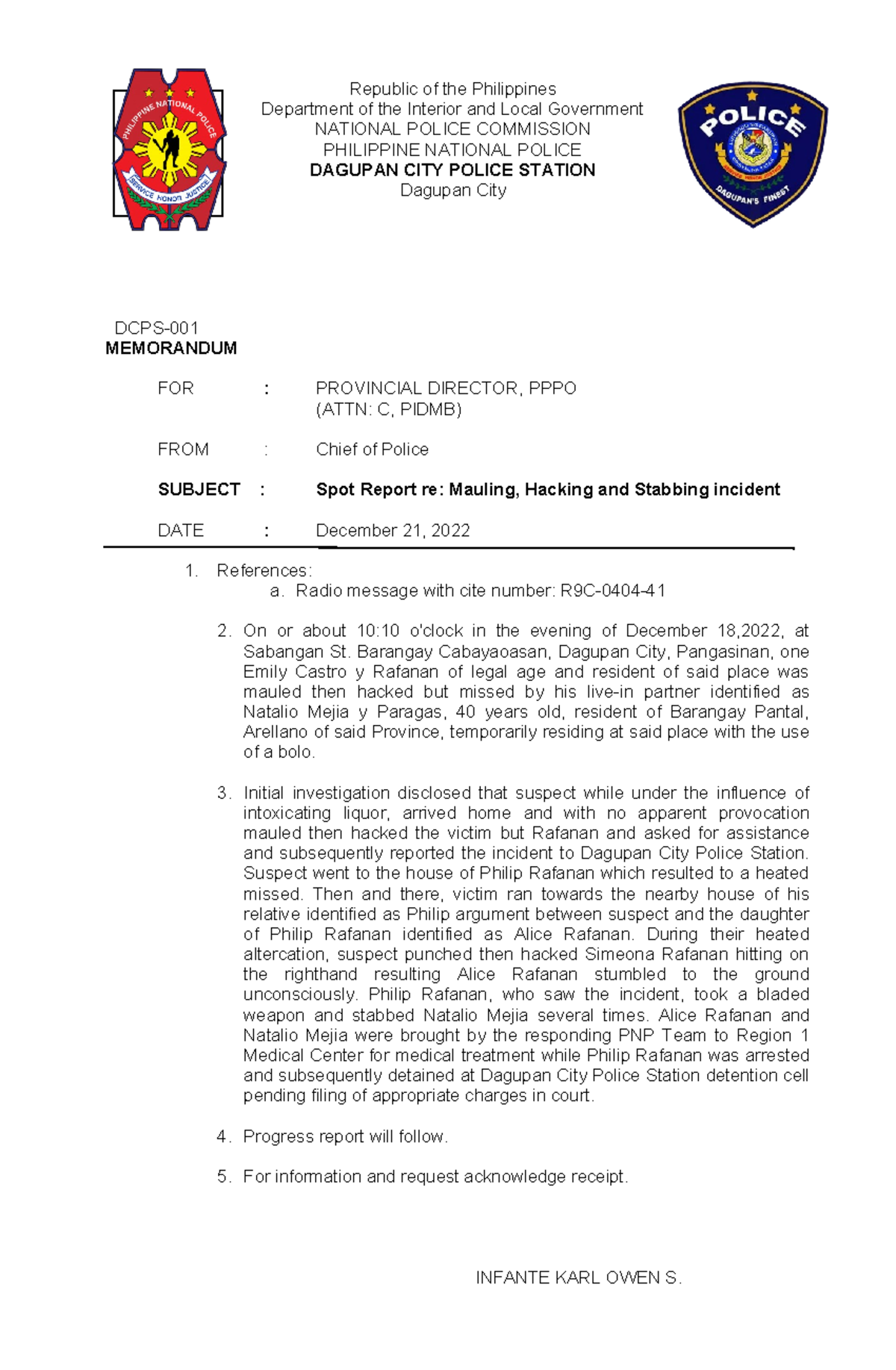 Spot Report: Mauling, Hacking & Stabbing Incident - December 2022 - Studocu