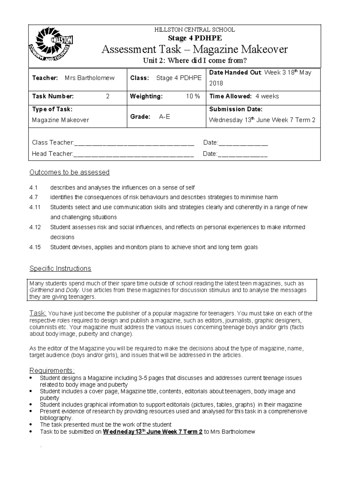 Stage 4 PDHPE Magazine Makeover Assignment 2018 - Task 2 - Studocu