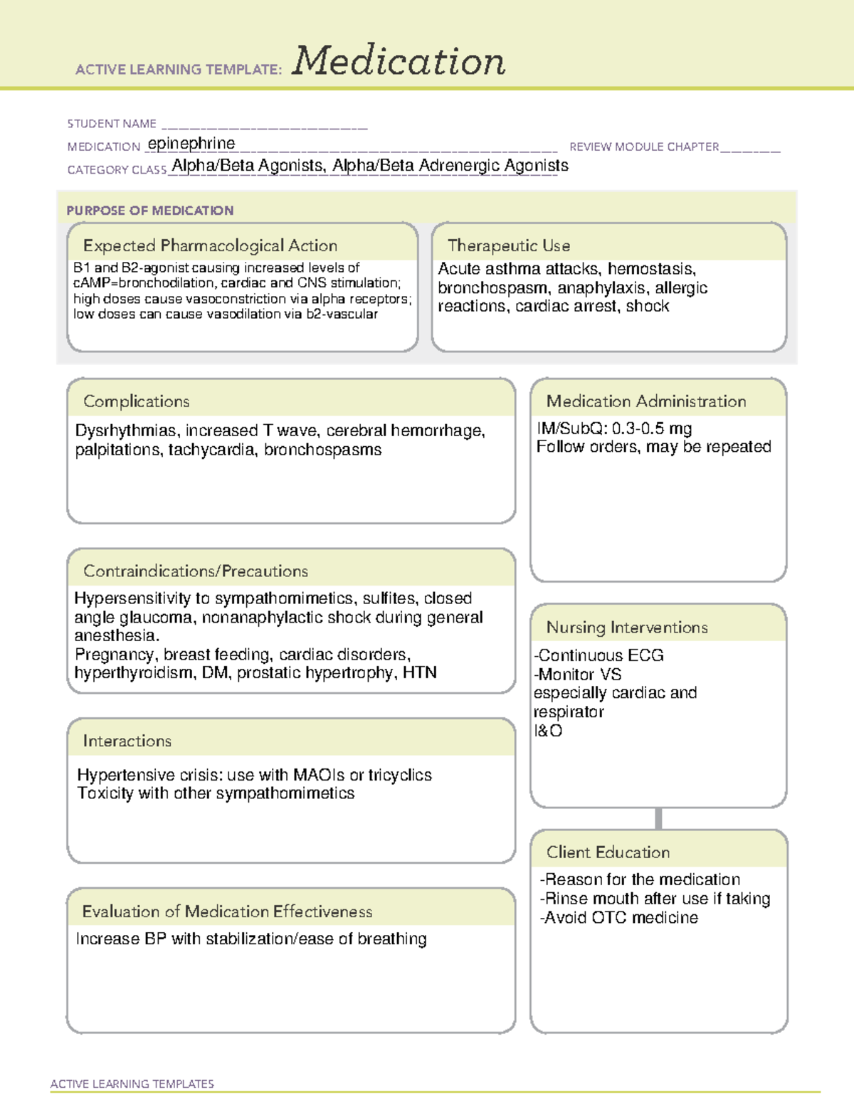 Epinephrine Medication Card - Active Learning Template (Module Review ...
