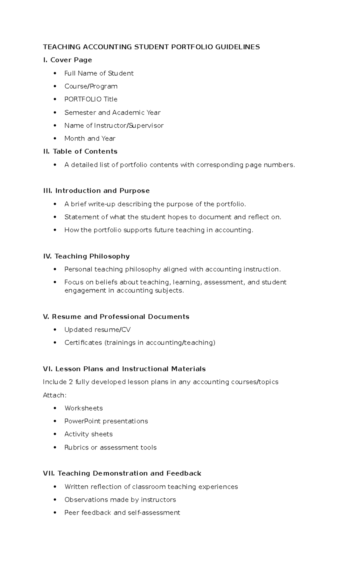 Teaching Accounting Portfolio Guidelines: Structure & Reflections - Studocu
