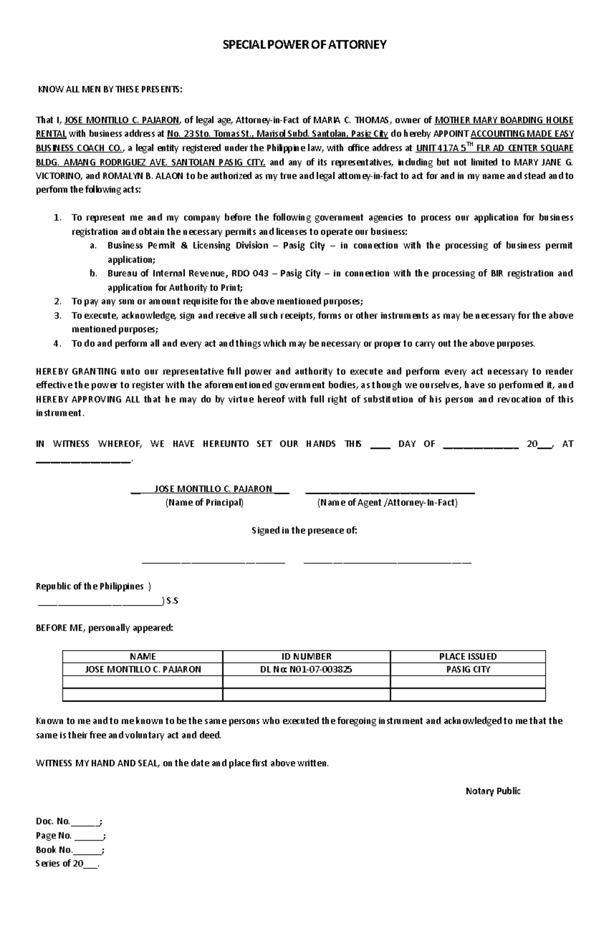 SPA - Special Power of Attorney for Business Registration - Studocu
