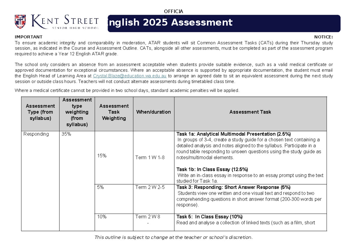 2026 Year 11 ATAR English Assessment Outline & Important Info - Studocu