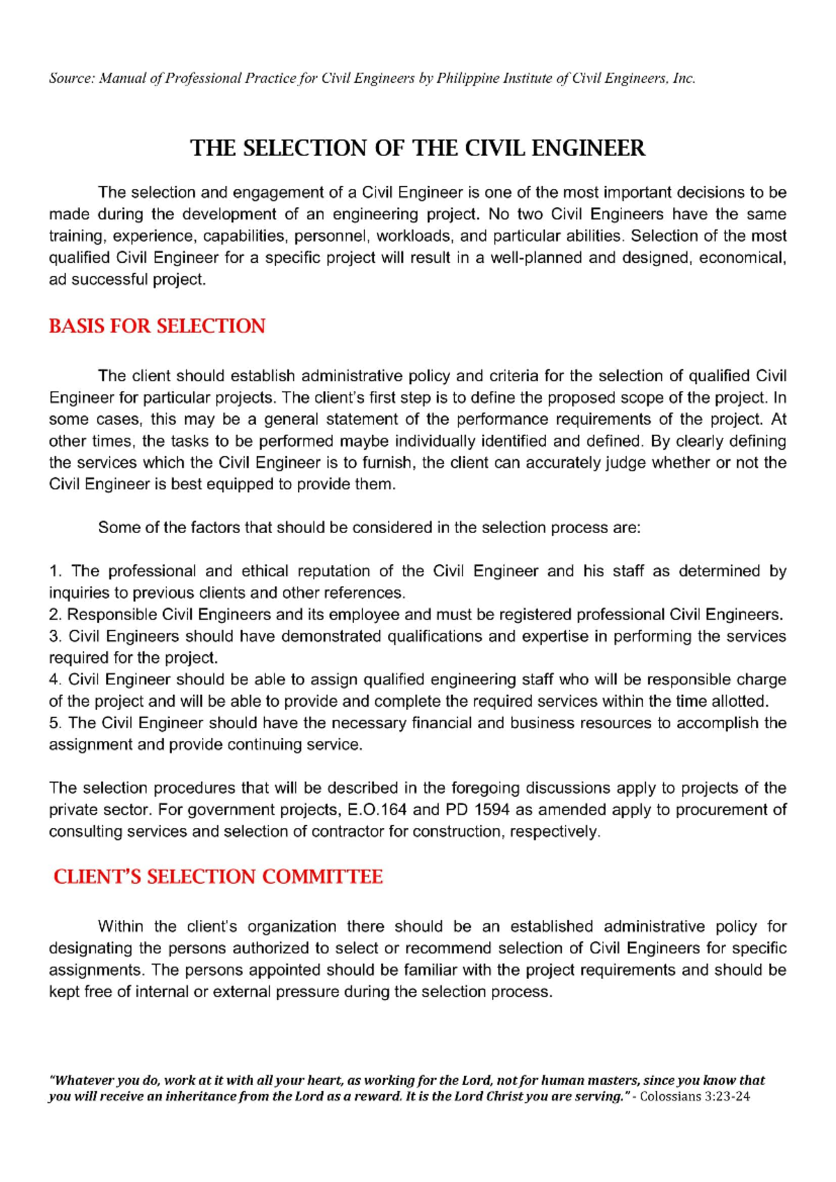 5.1 The Selection of the Civil Engineer - Studocu