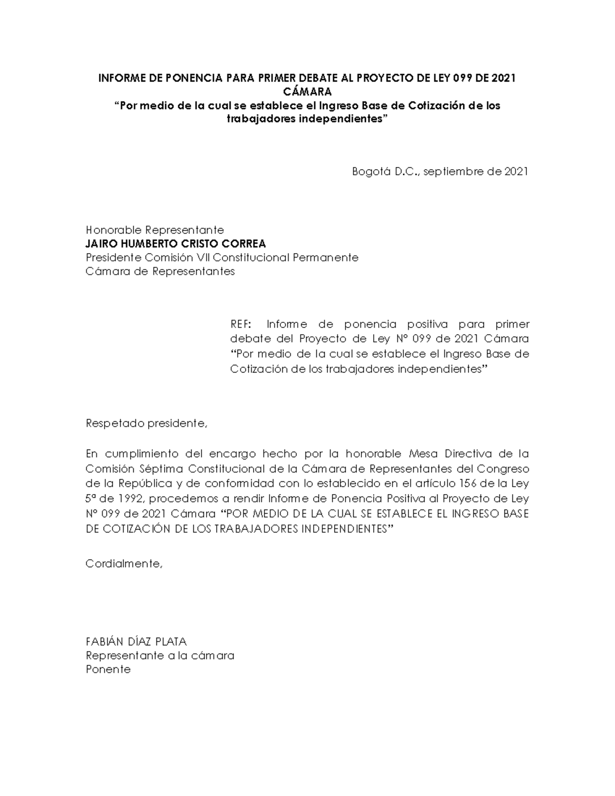 Ponencia - Jejejd - INFORME DE PONENCIA PARA PRIMER DEBATE AL PROYECTO ...