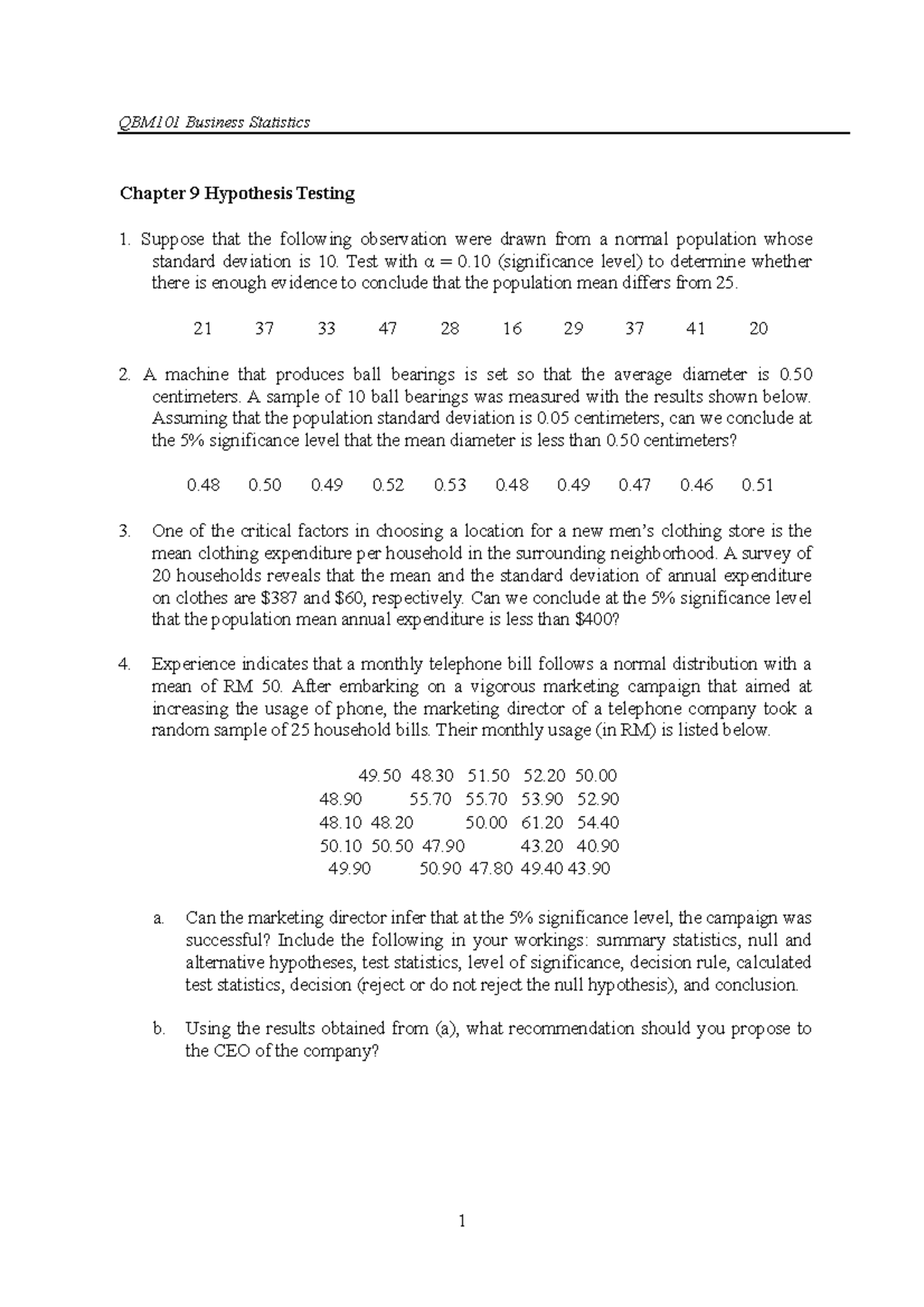 QBM101 Tutorial 10 - QBM101 Business Statistics Chapter 9 Hypothesis ...