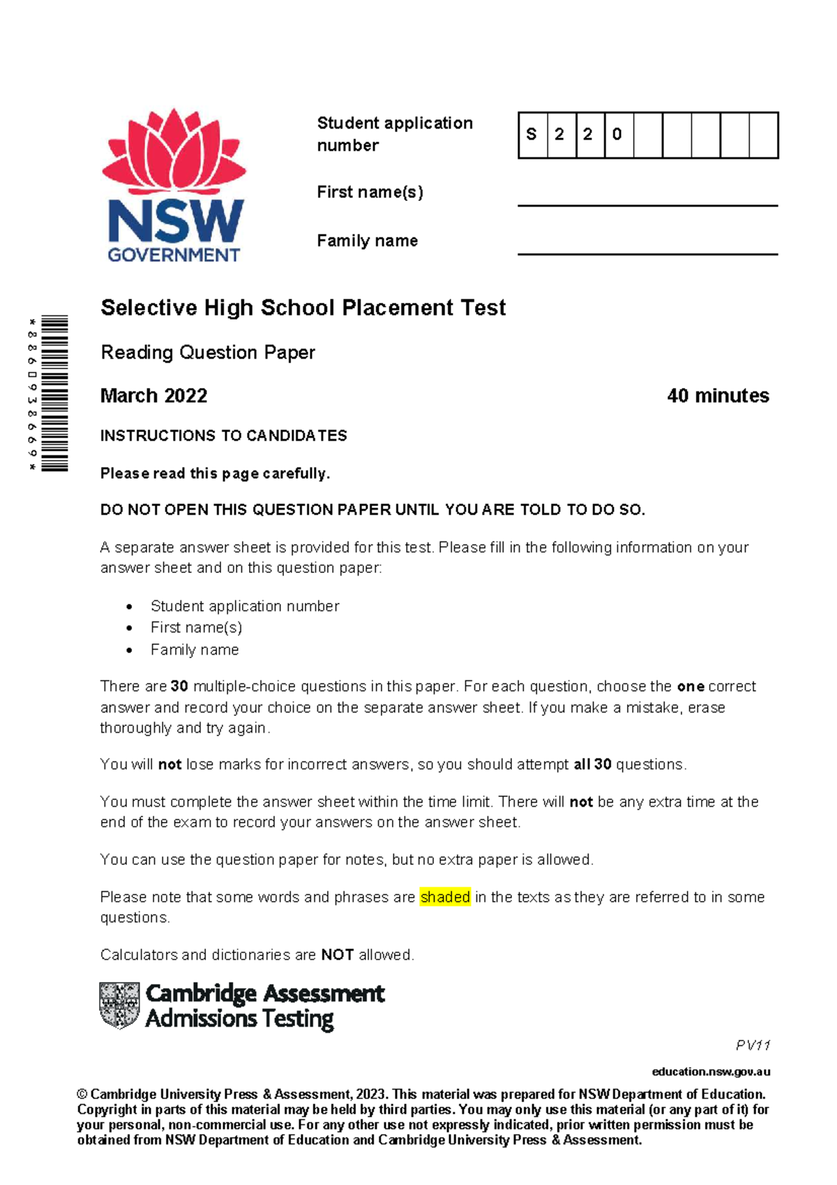 Practice Test 2022: Selective High School Placement Reading Questions ...