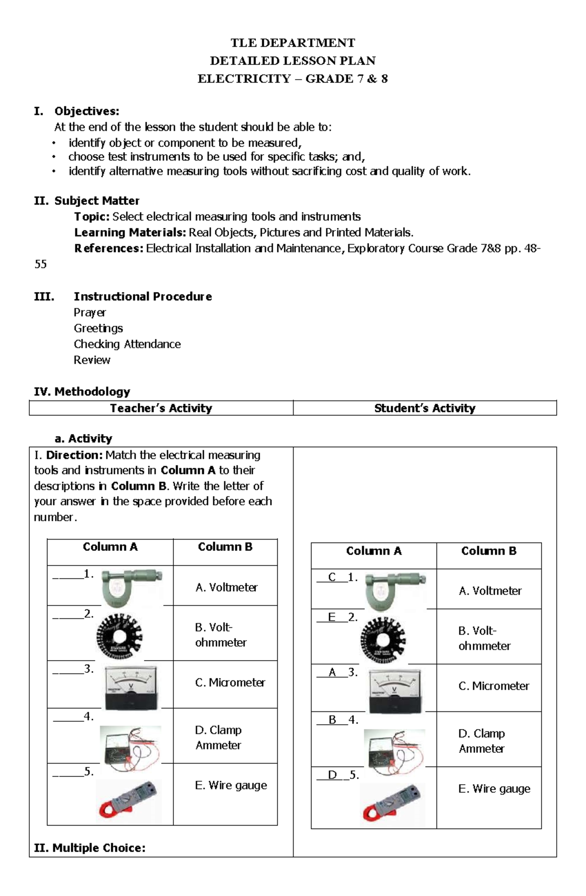 Detailed Lesson Plan on Electricity for Grade 7 & 8 (TLE) - Studocu