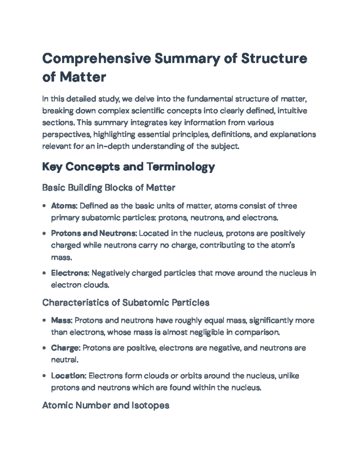Structure of Matter Overview: Key Concepts in Chemistry (Final Exam ...