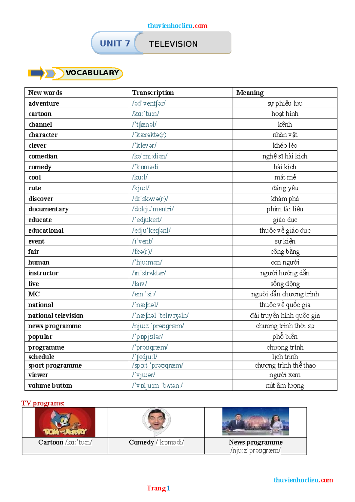 UNIT 7 TELEVISION VOCABULARY: Key Terms and Exercises - Studocu