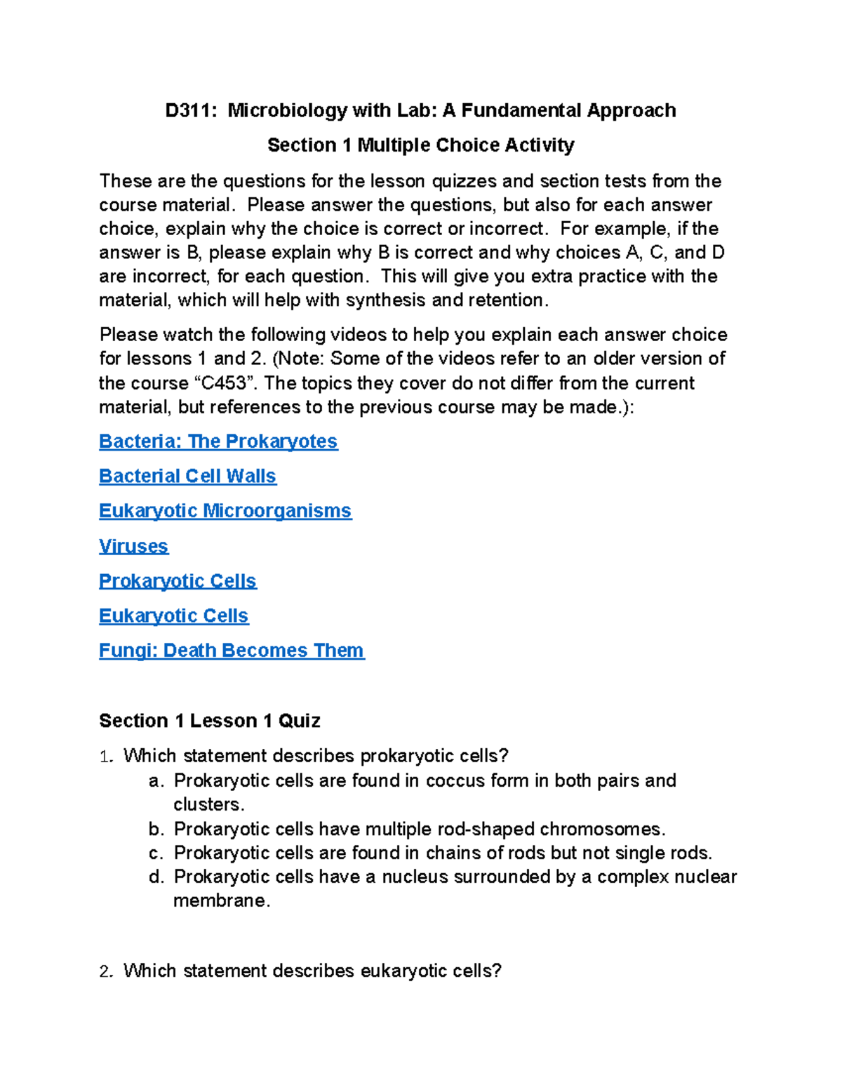 D311 Section 1 MC Activity 2: Microbiology Quiz Questions & Answers ...