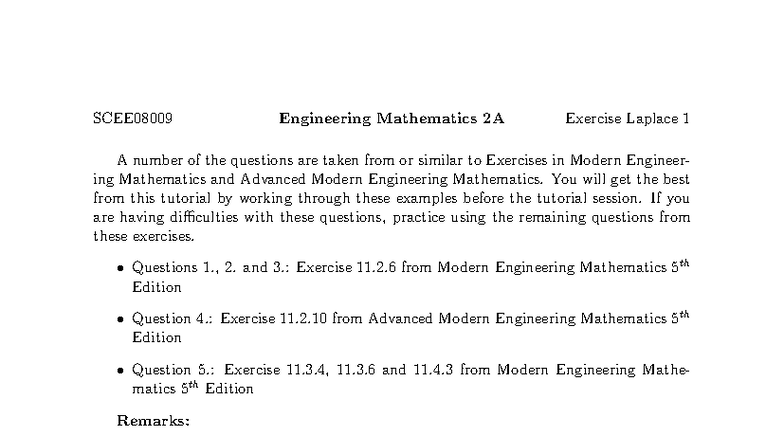 Scee08009 Engineering Mathematics 2a Exercise Laplace Transform