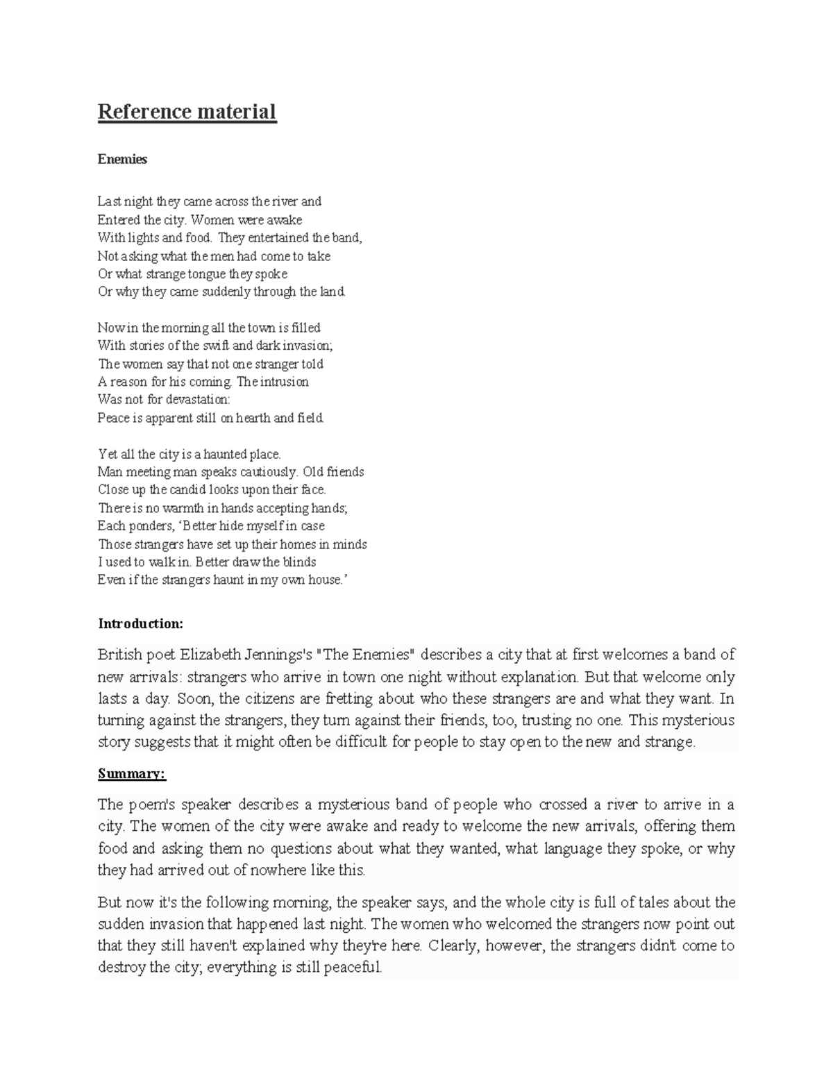 Grade 10 Reference Material: Analysis of "Enemies" Poem - Studocu