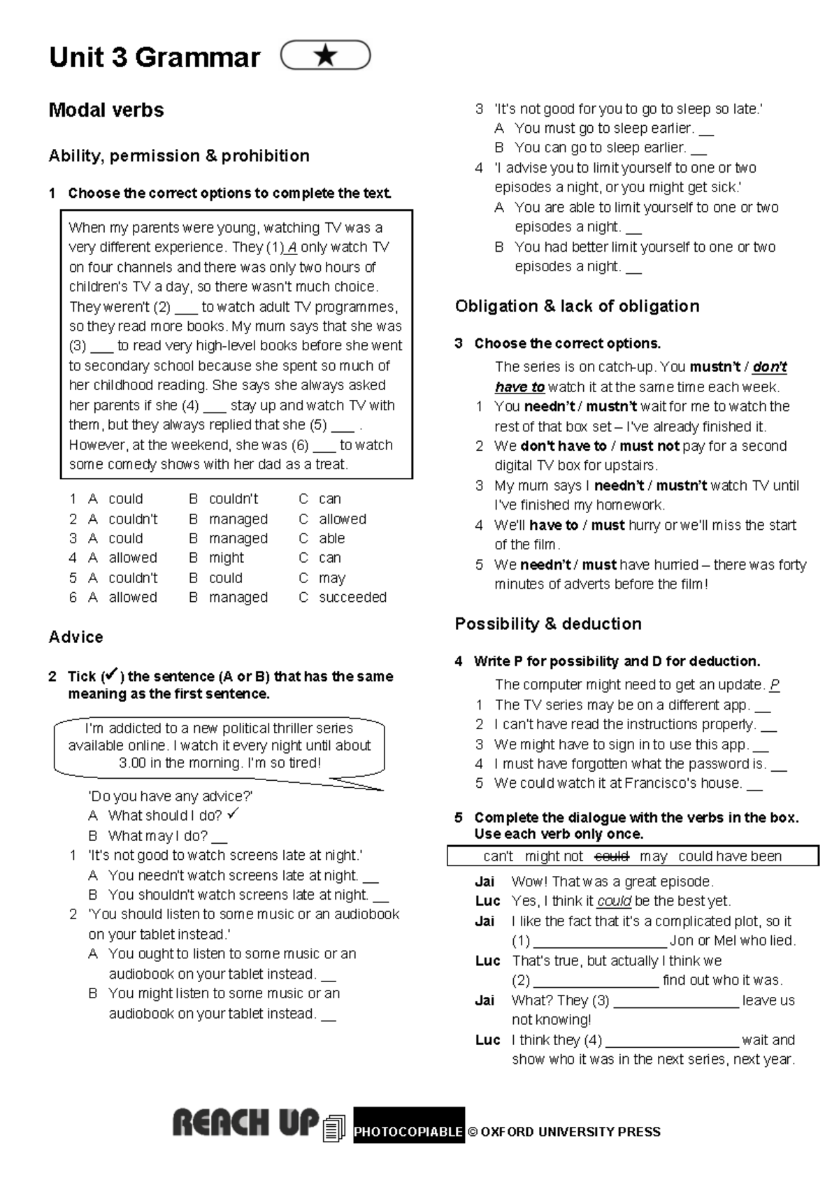 Grammar Unit 3 1 star - Para practicar model verbs - Unit 3 Grammar 4 ...