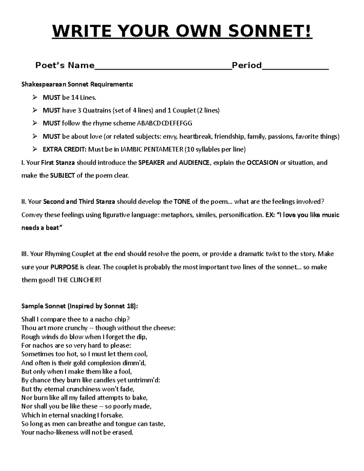 Sonnet Writing Worksheet: Create Your Own at [Course Code] - Studocu