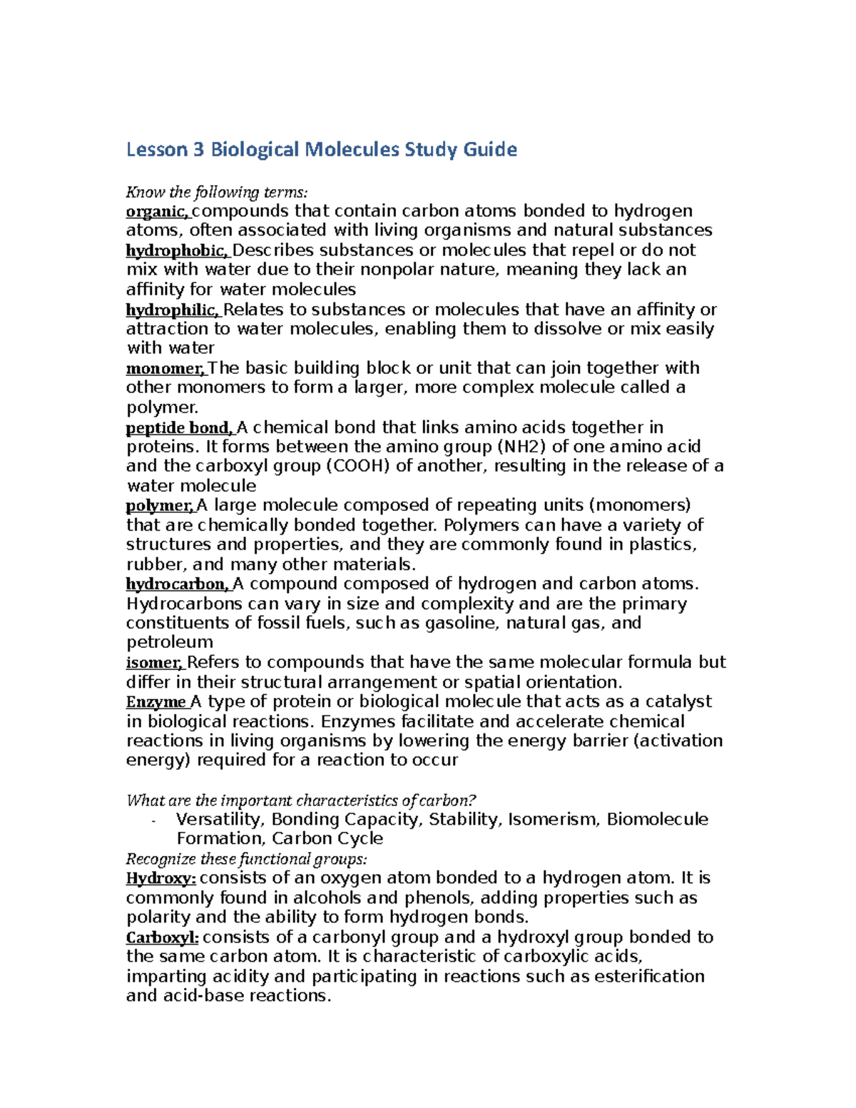 Lesson 3 Study Guide: Key Concepts of Biological Molecules - Studocu