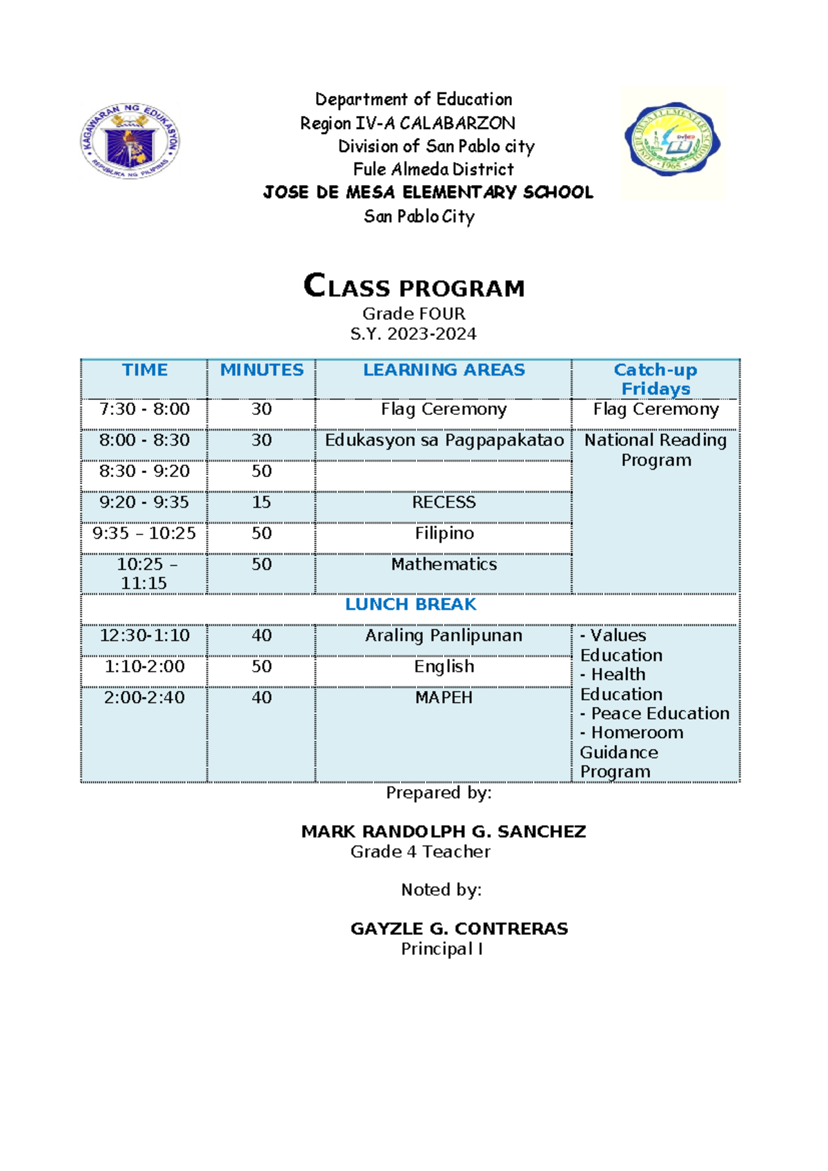 Grade 4 Class Program Catch up Fridays - Department of Education Region ...