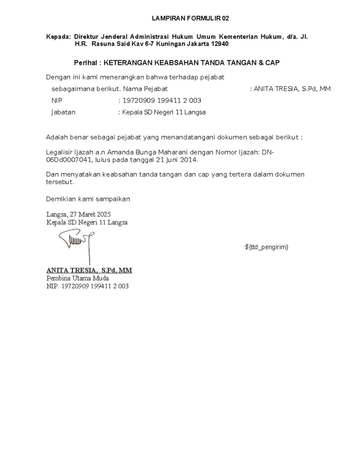 KETERANGAN KEABSAHAN TANDA TANGAN CAP - FORMULIR 02 - Studocu