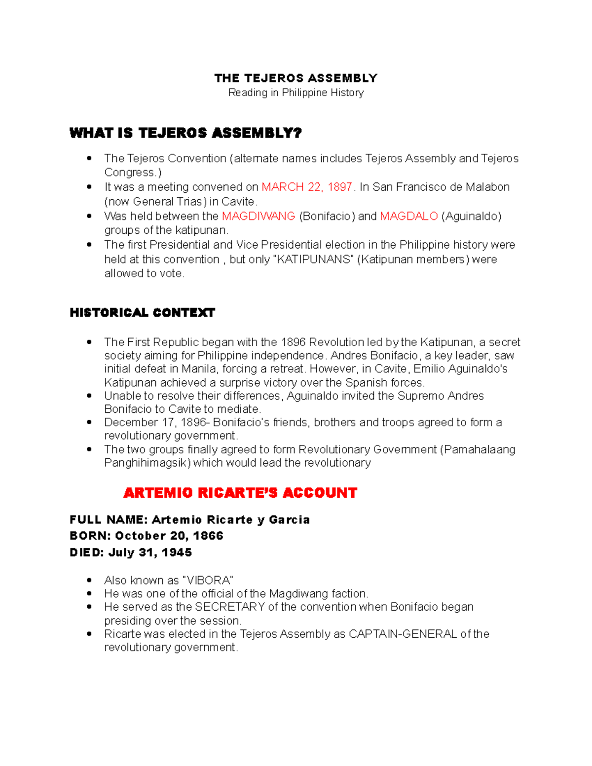 Tejeros Assembly: Historical Insights and Accounts of 1897 Events - Studocu