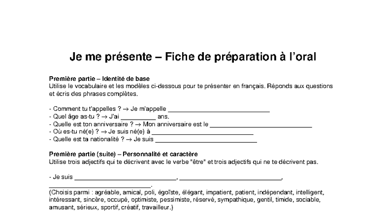 Je me présente – Fiche de préparation à l'oral (FREN 101) - Studocu