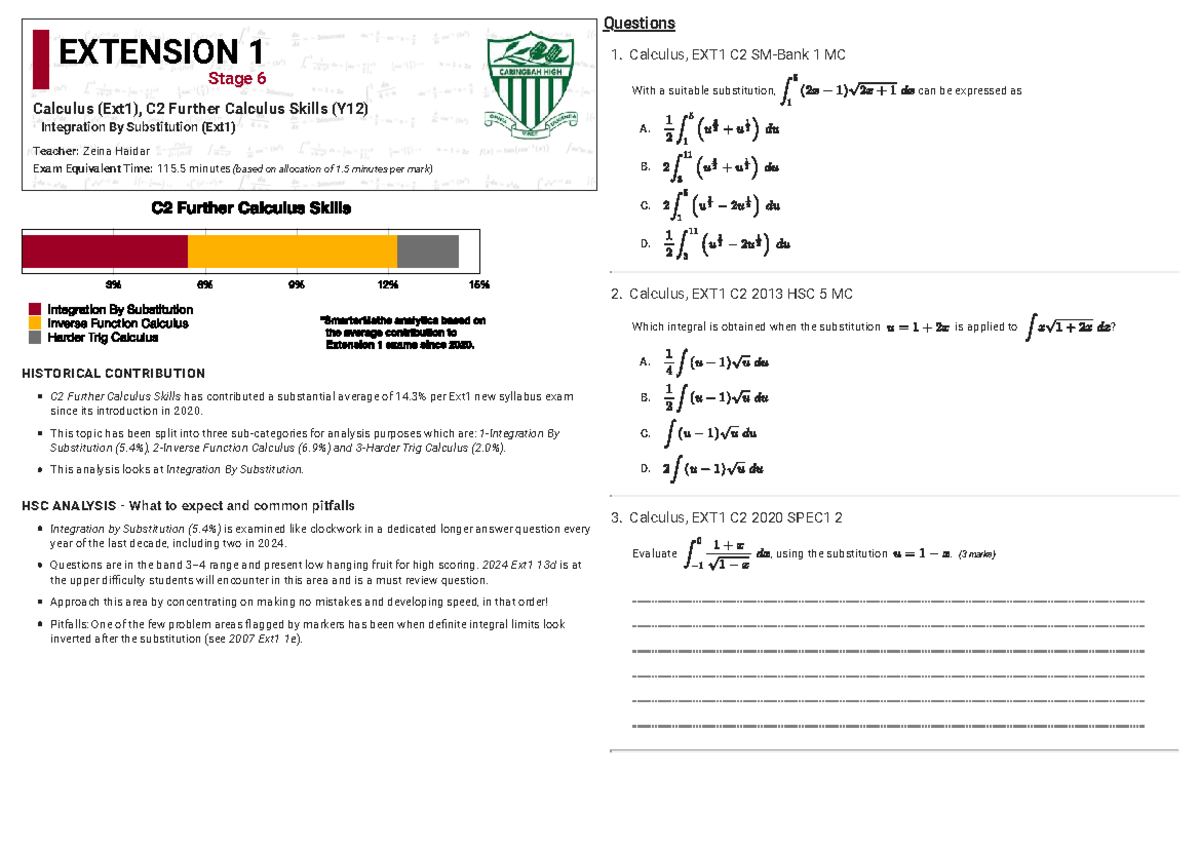 Integration by Substitution: EXT1 C2 HSC Exam Insights - Studocu