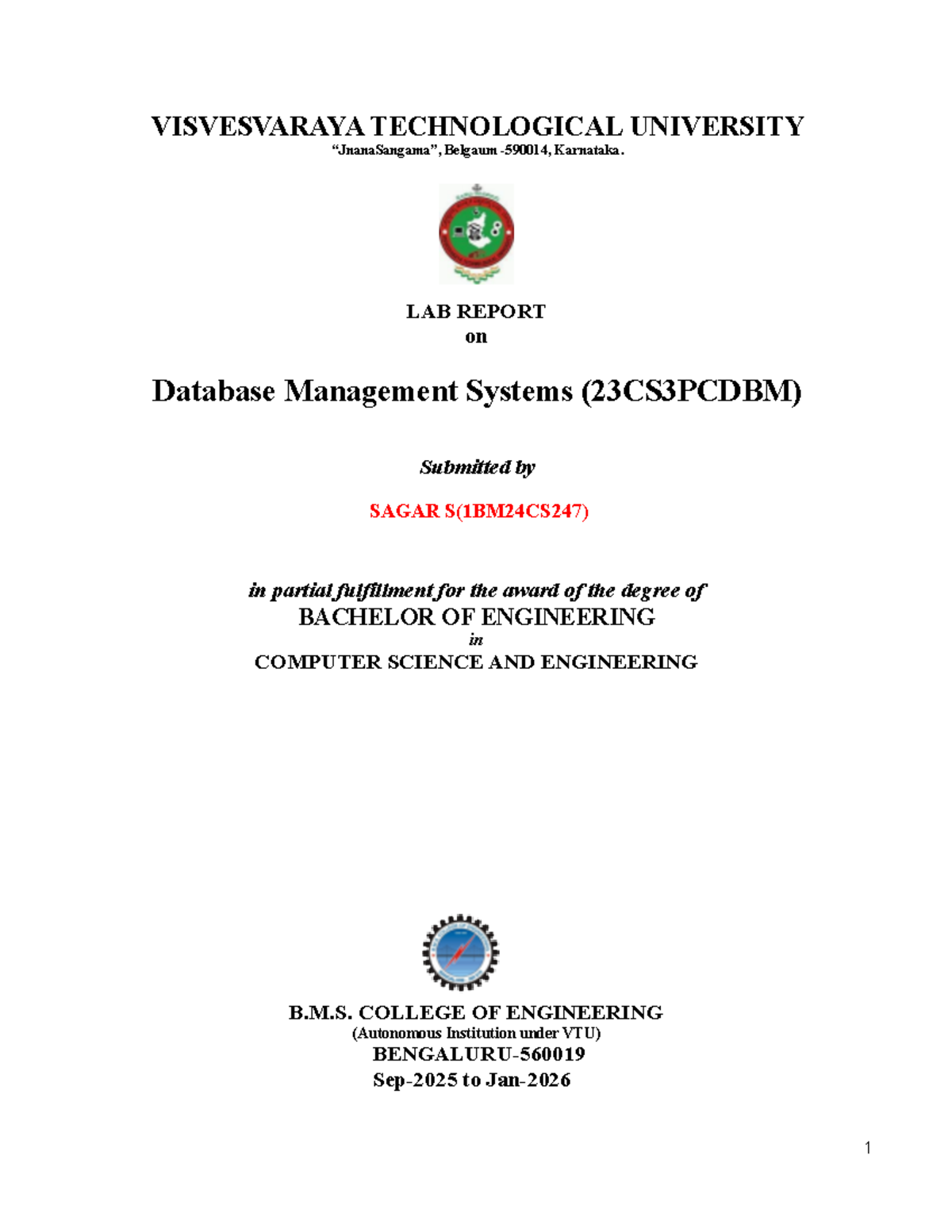 Lab Report on Database Management Systems (23CS3PCDBM) by Sagar S - Studocu